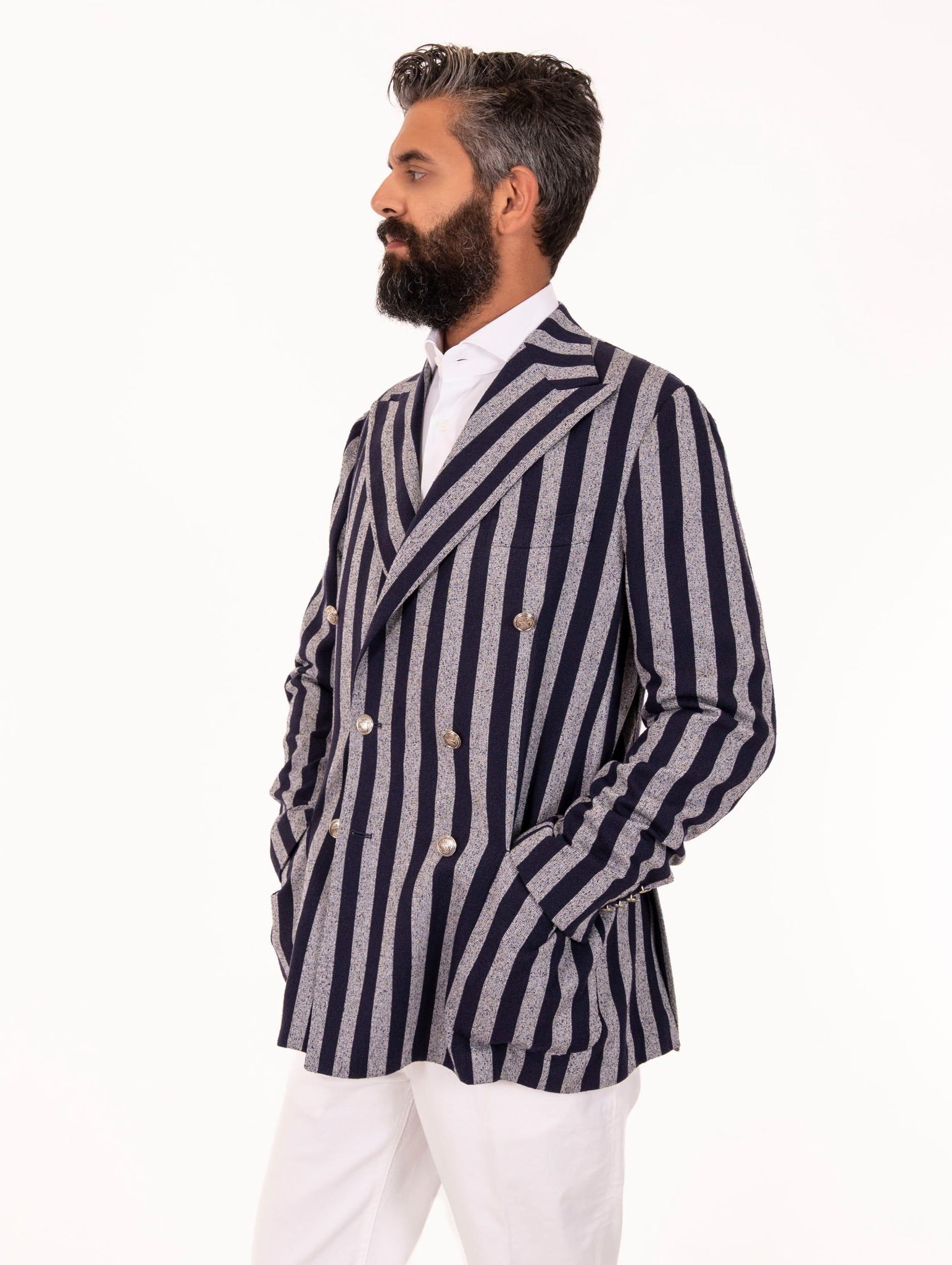 Double-Breasted Tailored Jacket Four Stroke in Cotton and Viscose Whit